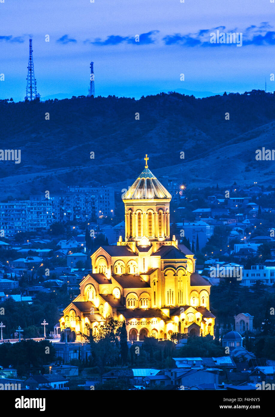 Dawn view of the Holy Trinity Cathedral of Tbilisi (aka Tsminda Sameba ...