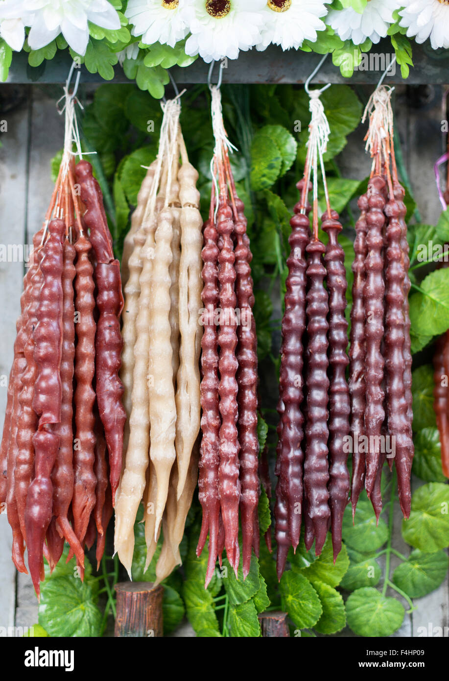 Churchkhela, a traditional sausage-shaped candy containing nuts for ...