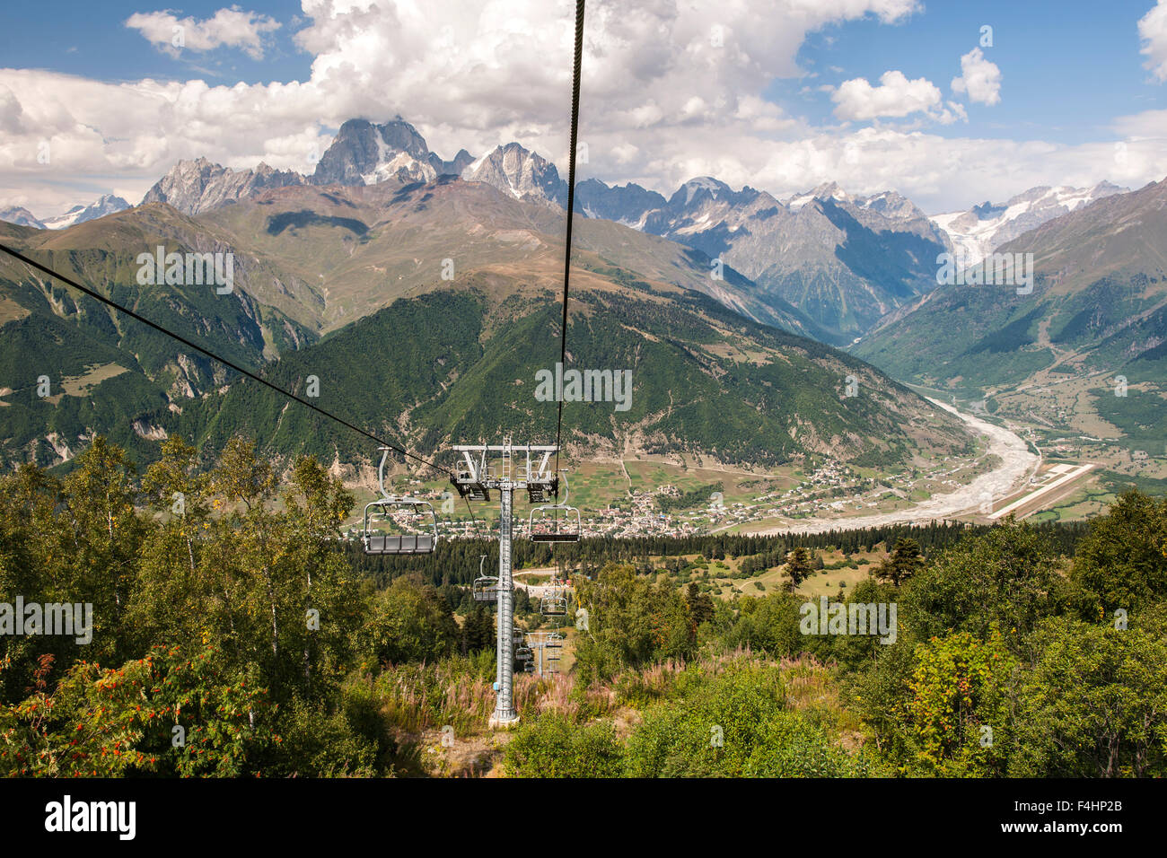 Mestia village and Mount Ushba (4710m) seen from the Hatsvali ski lift ...