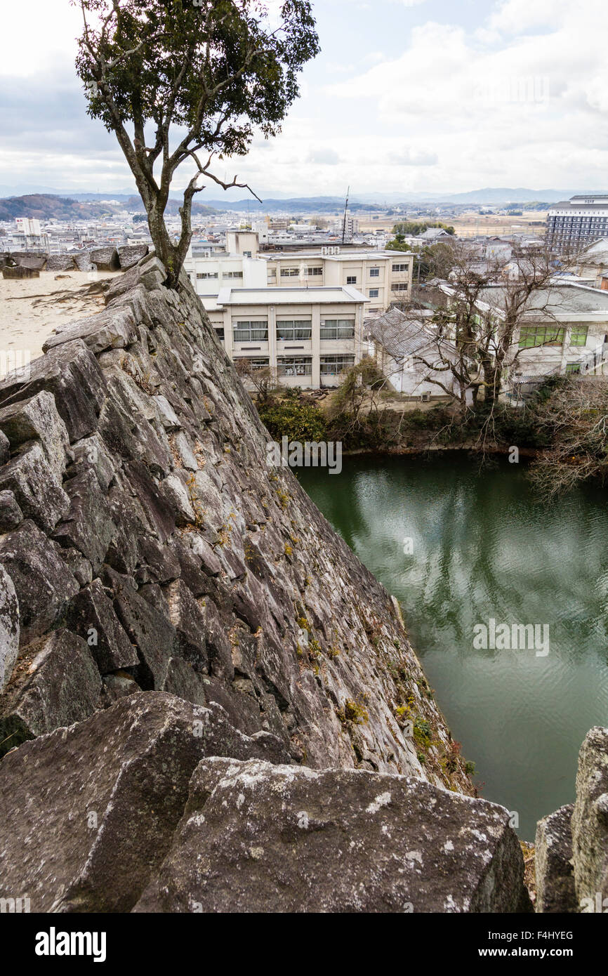 Japan, Iga Uneo. Iga Ueno castle. Top of high Ishigaki stone walls ...
