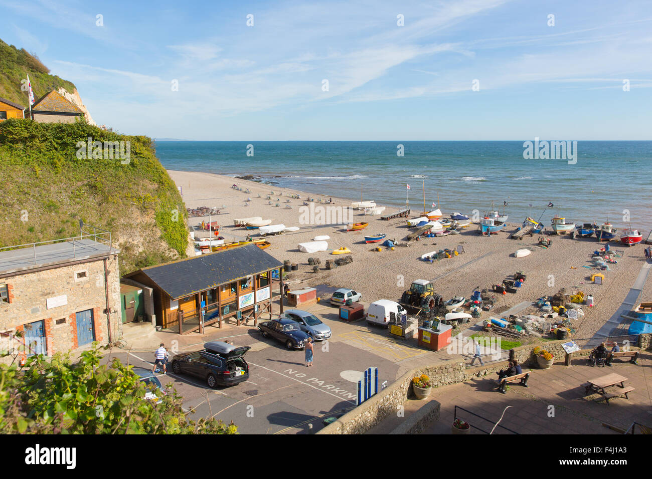 Beer beach Devon England UK with boats people and fishing equipment on ...