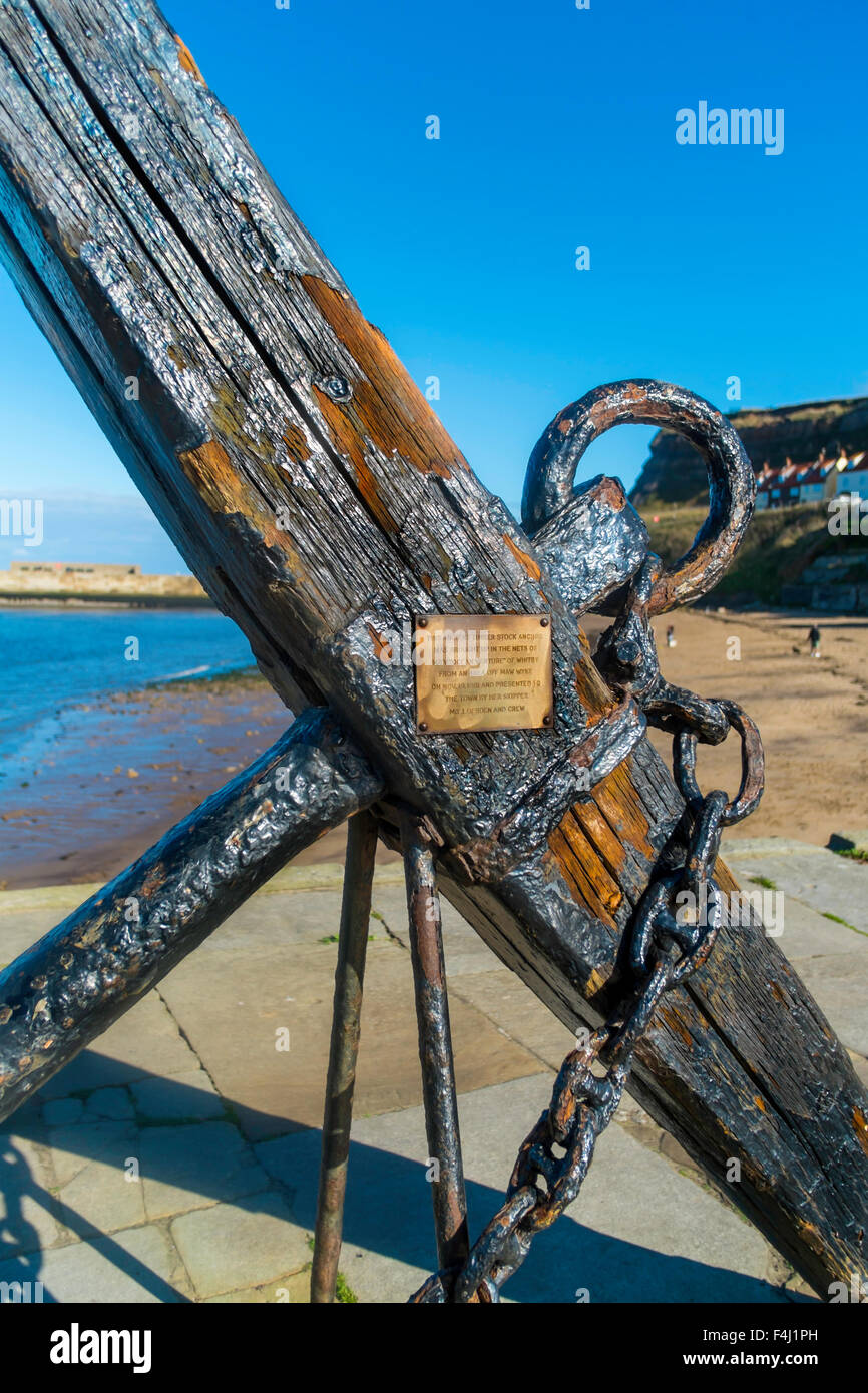 Detail of wooden stock anchor, caught in the nets of a fishing vessel ...