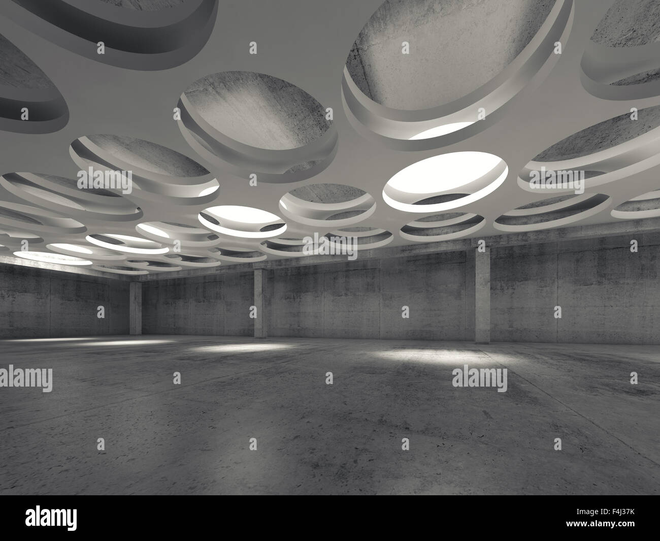 Empty dark concrete hall interior with round lamps in white suspended ...