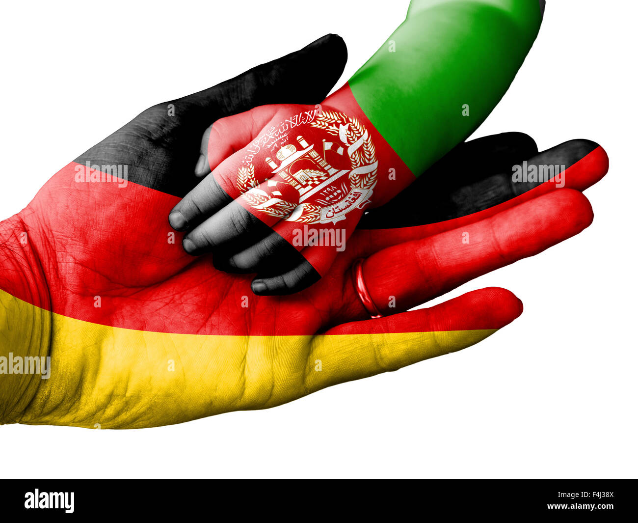 Flag of Germany overlaid the hand of an adult man holding a baby hand ...