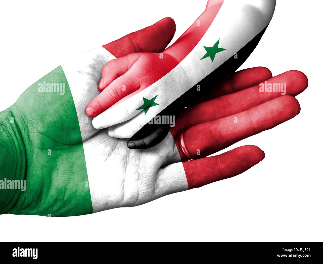 Flag of Italy overlaid the hand of an adult man holding a baby hand ...