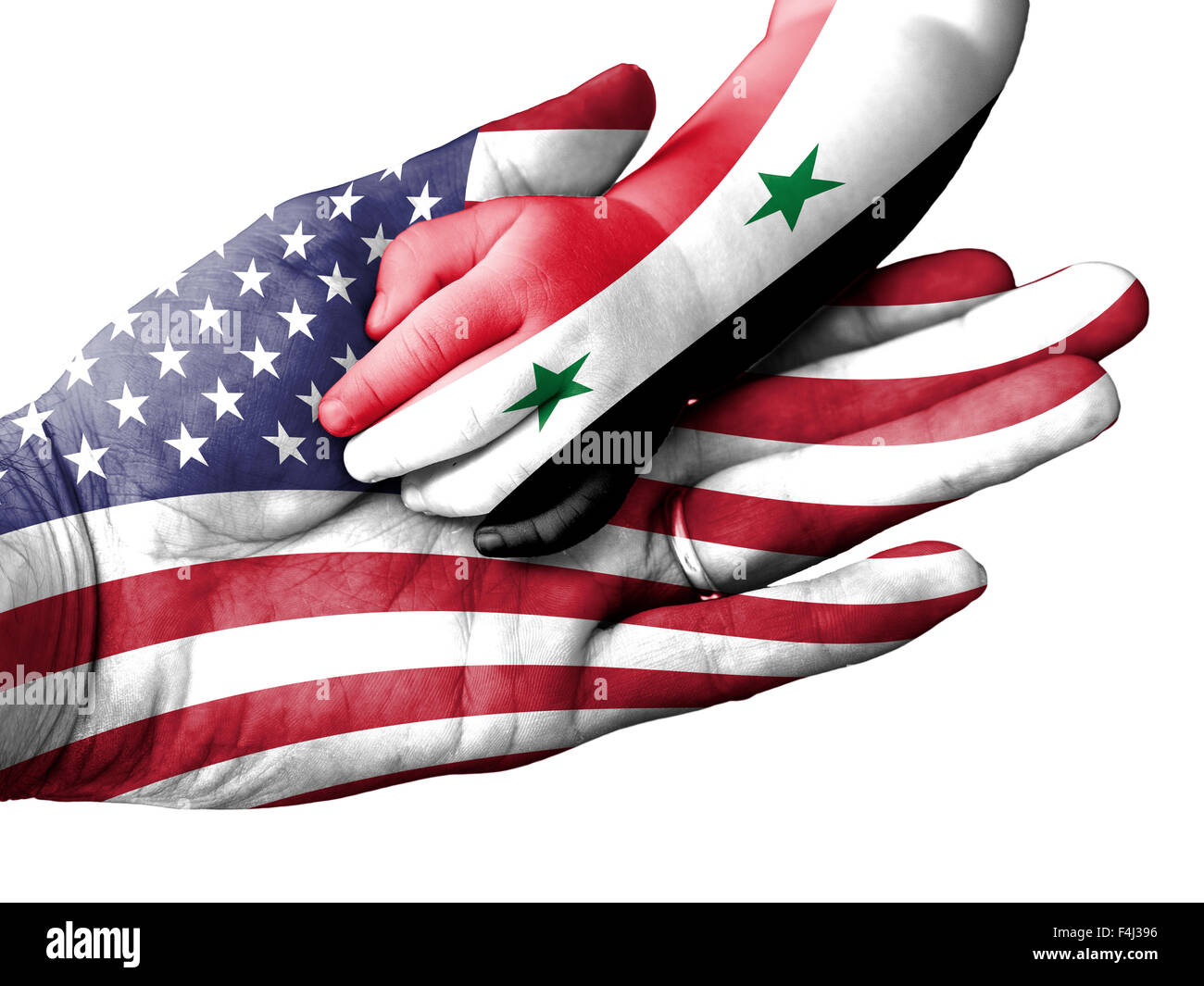 United States flag overlaid the hand of an adult man holding a baby ...
