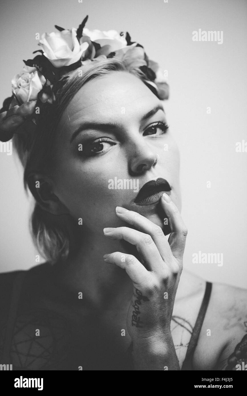 Young woman beautiful flower Black and White Stock Photos & Images - Alamy