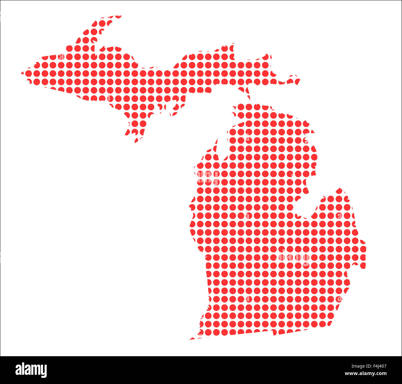 A map of the state of Michigan created from a series of red dots over a ...
