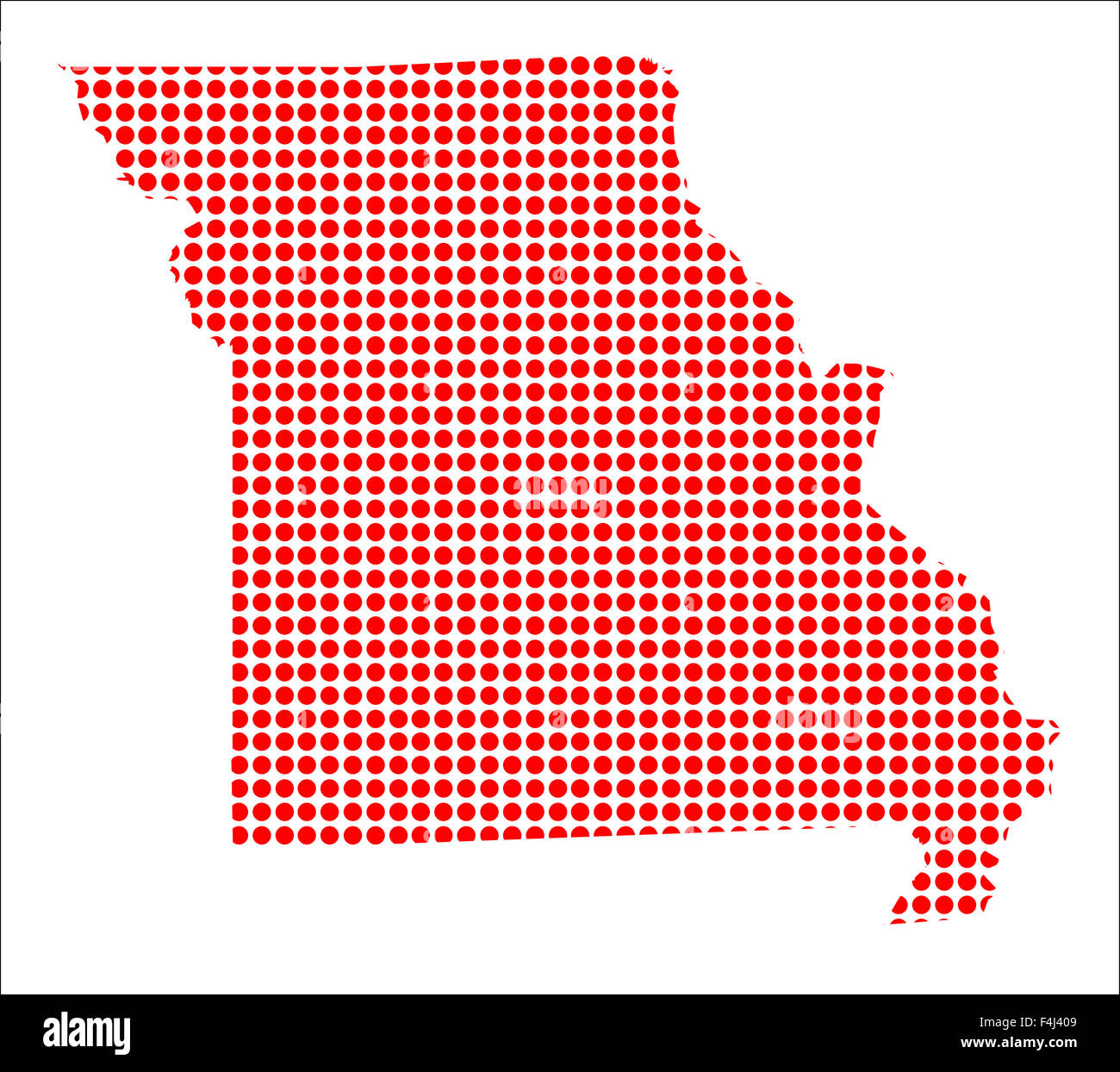 A map of the state of Missouri created from a series of red dots over a ...