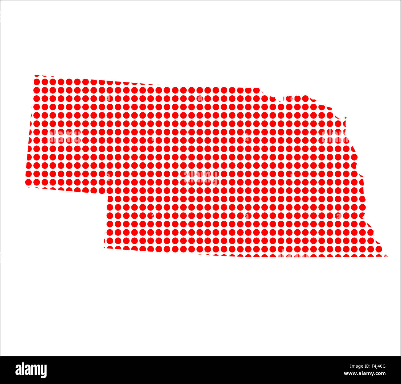 A map of the state of Nebraska created from a series of red dots over a ...