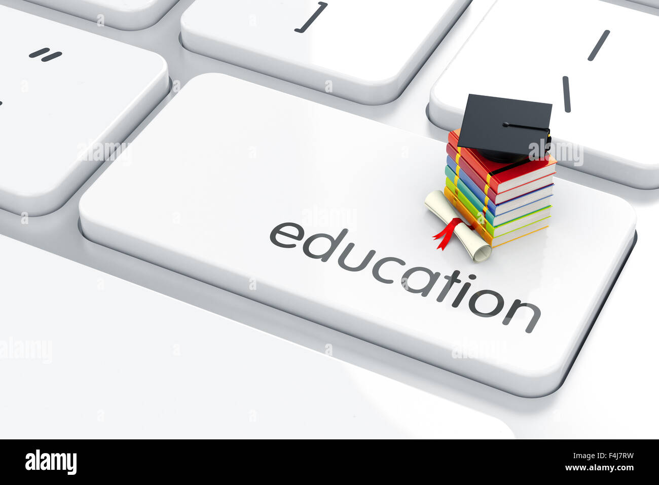 3d render of graduation cap with books icon on the keyboard. Education ...