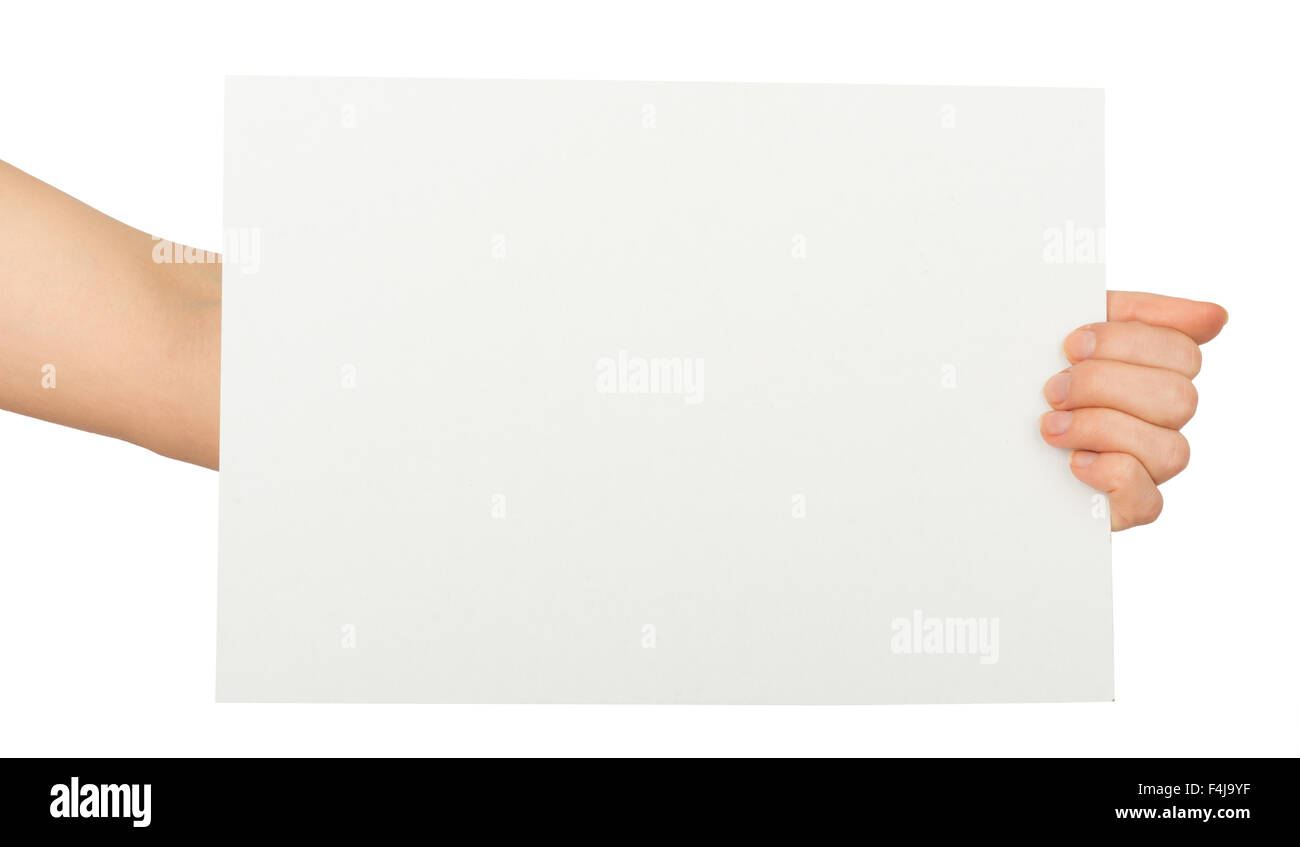Humans left hand holding blank paper Stock Photo - Alamy