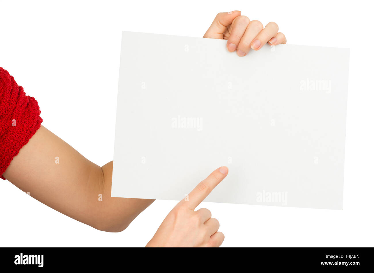 Humans right finger pointing at empty card Stock Photo - Alamy