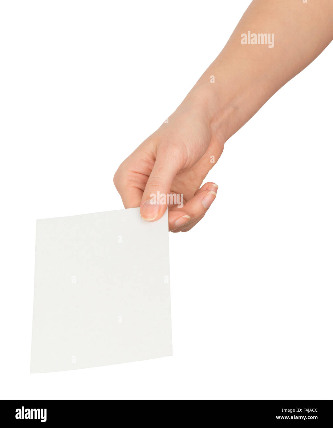 Womans right hand offering blank paper Stock Photo - Alamy
