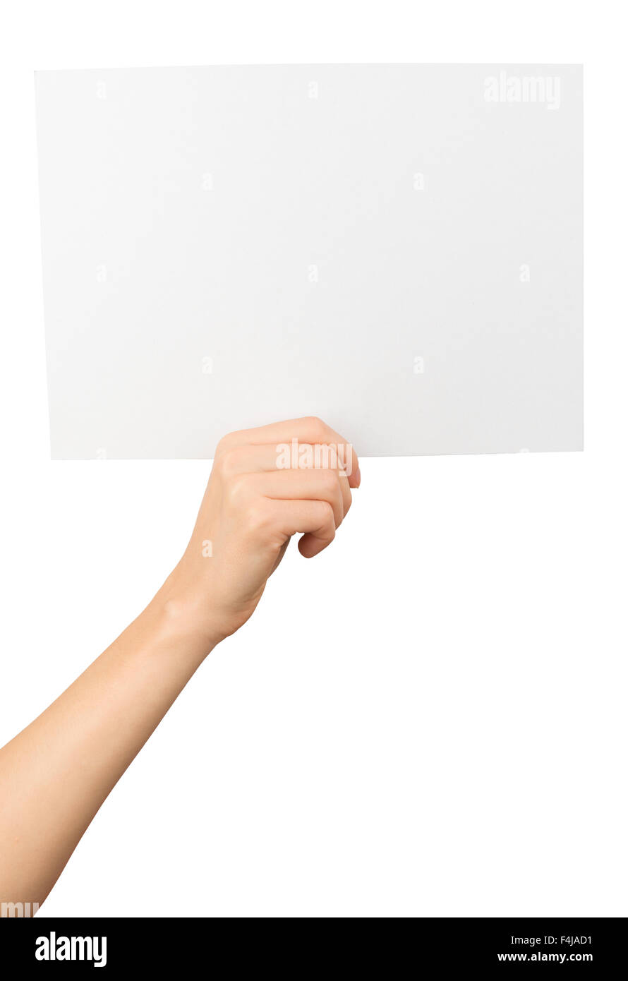 Humans right hand holding big white card Stock Photo - Alamy