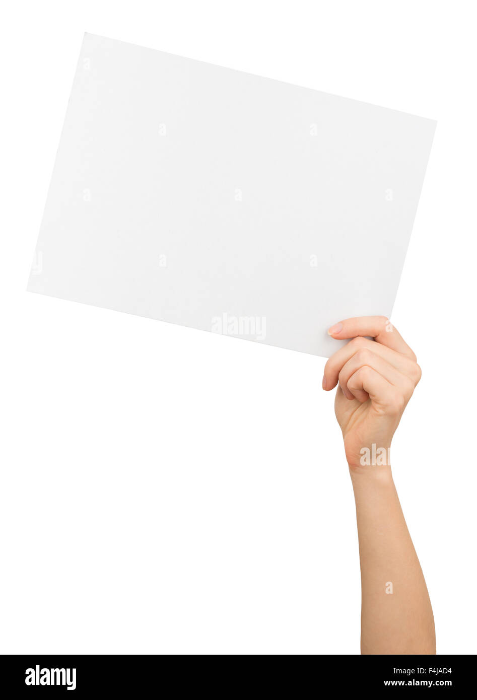 Humans left hand holding big white card Stock Photo - Alamy