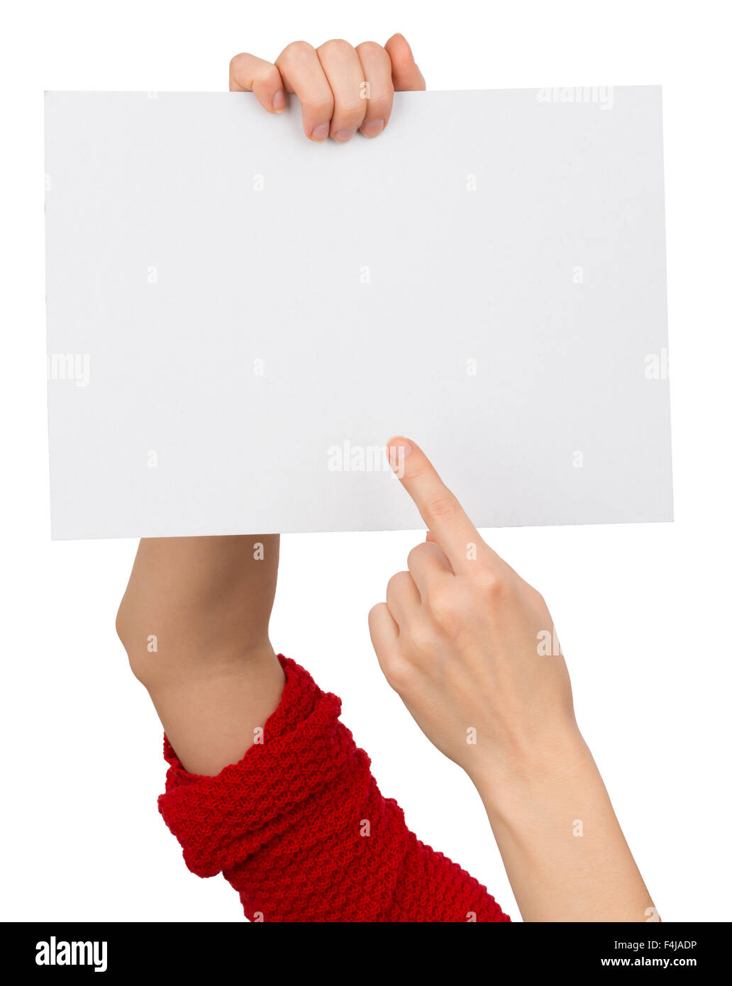 Humans right finger pointing at big blank paper Stock Photo - Alamy
