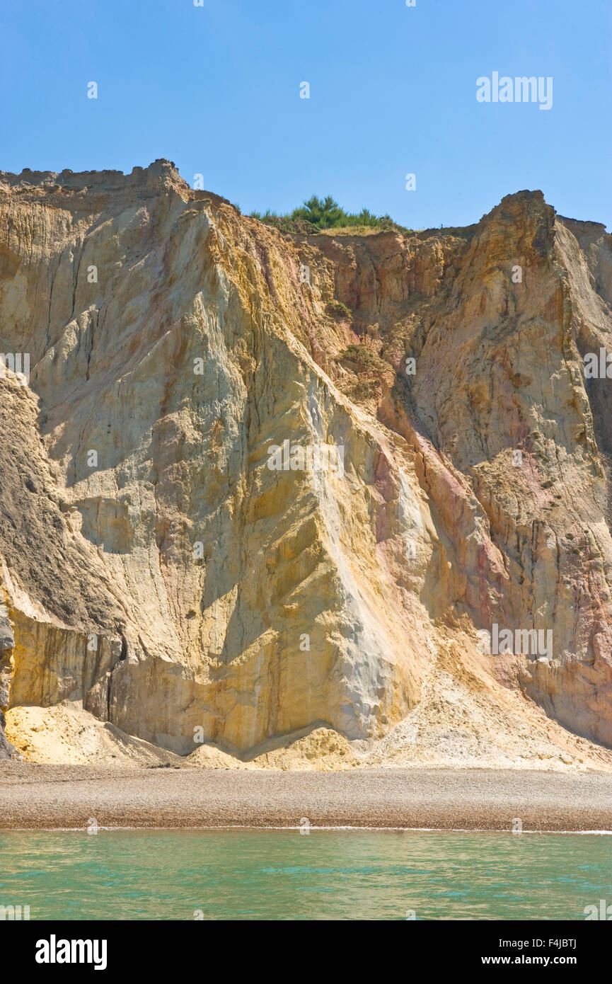A view of the multi-coloured sand cliffs at Alum Bay beach on the Isle ...
