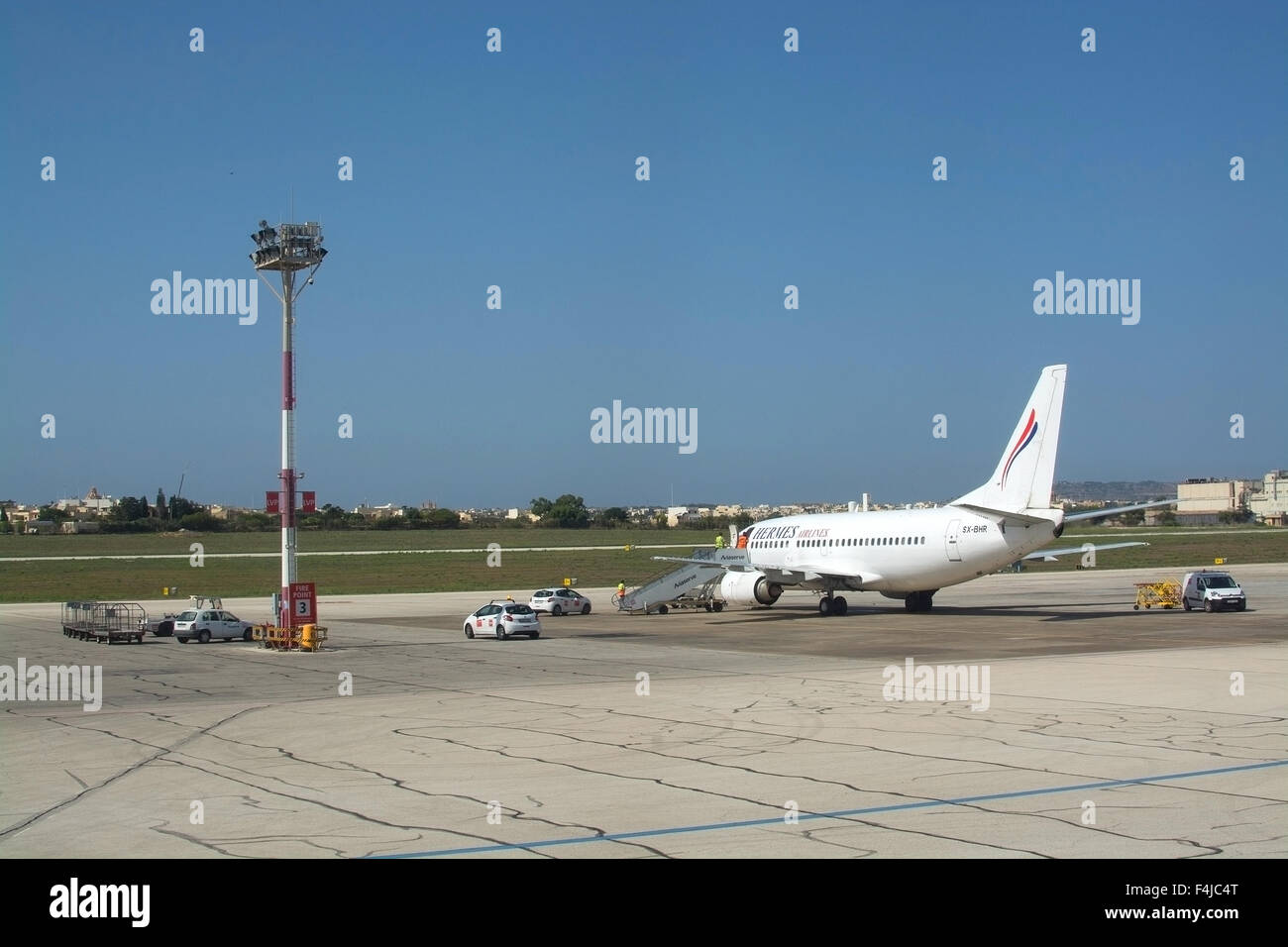 Malta Luca International airport tarmac with airplane from Hermes air ...