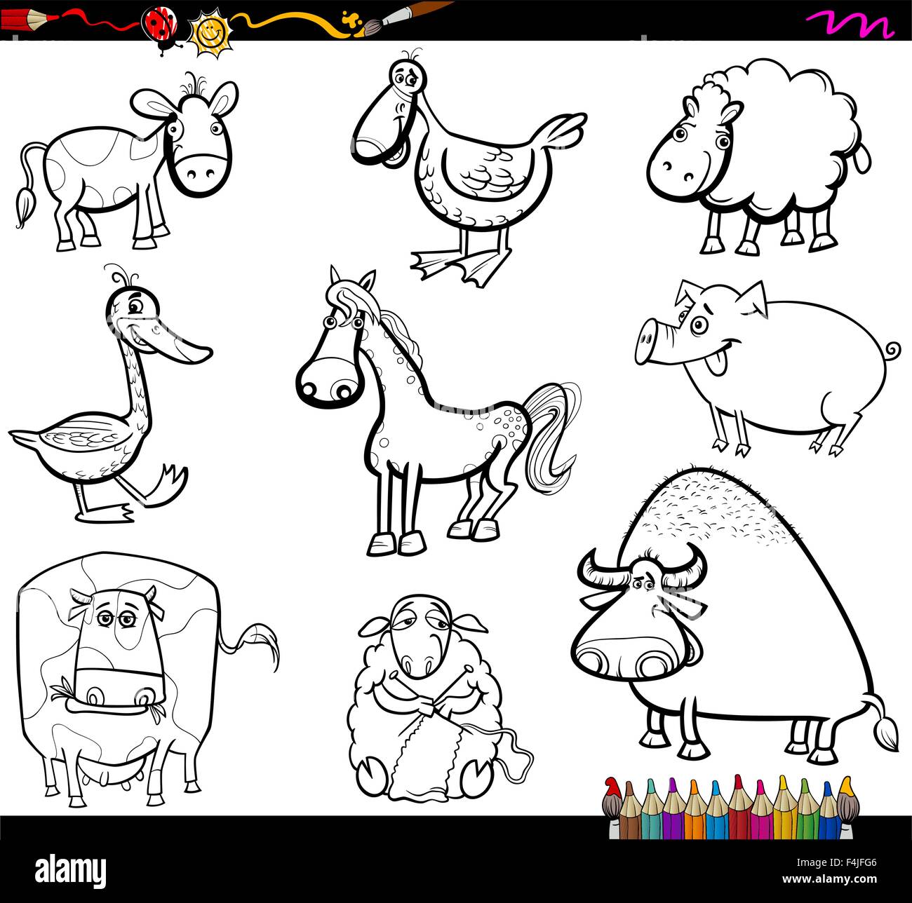 Coloring Book Cartoon Illustration of Farm Animals Characters Set Stock ...