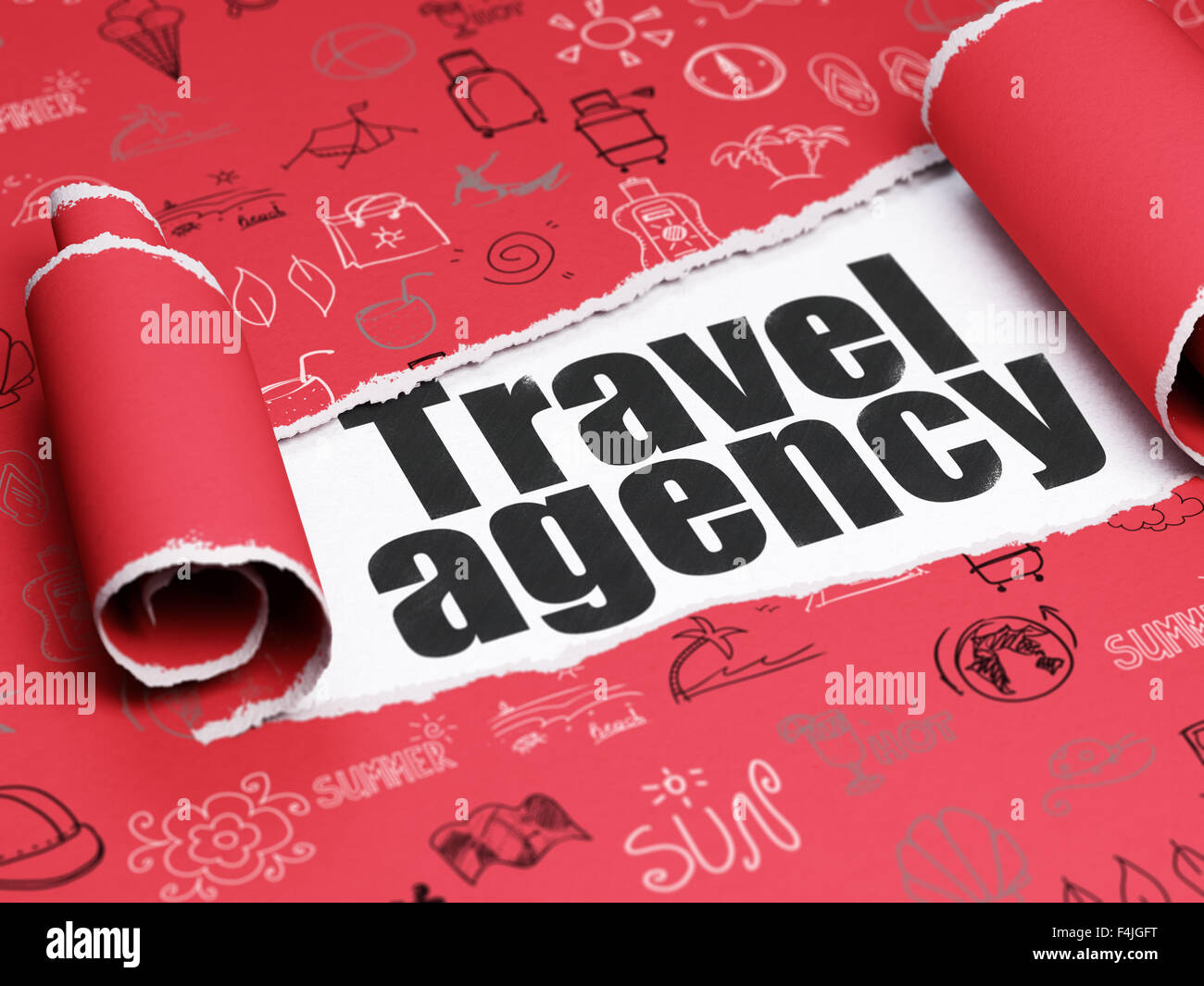 Vacation concept: black text Travel Agency under the piece of torn ...