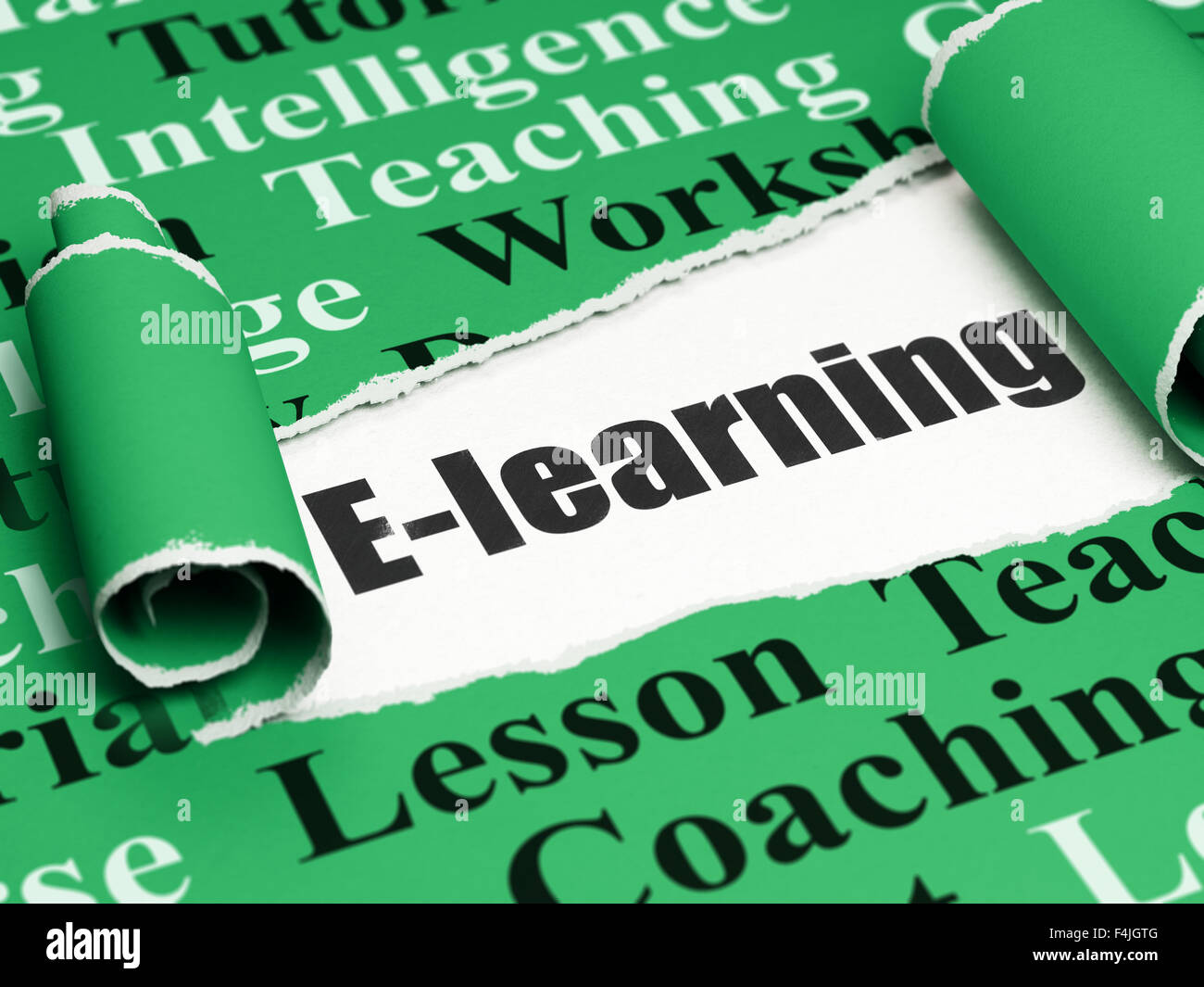 Education concept: black text E-learning under the piece of torn paper ...