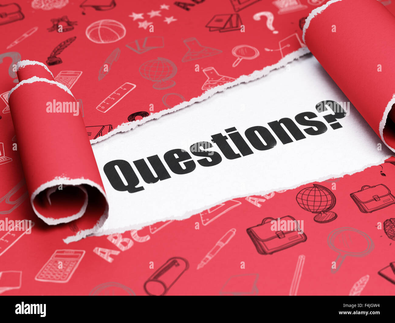 Education concept: black text Questions under the piece of torn paper ...