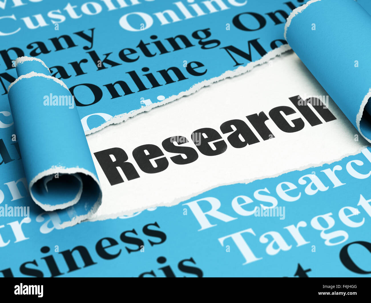 Advertising concept: black text Research under the piece of torn paper ...