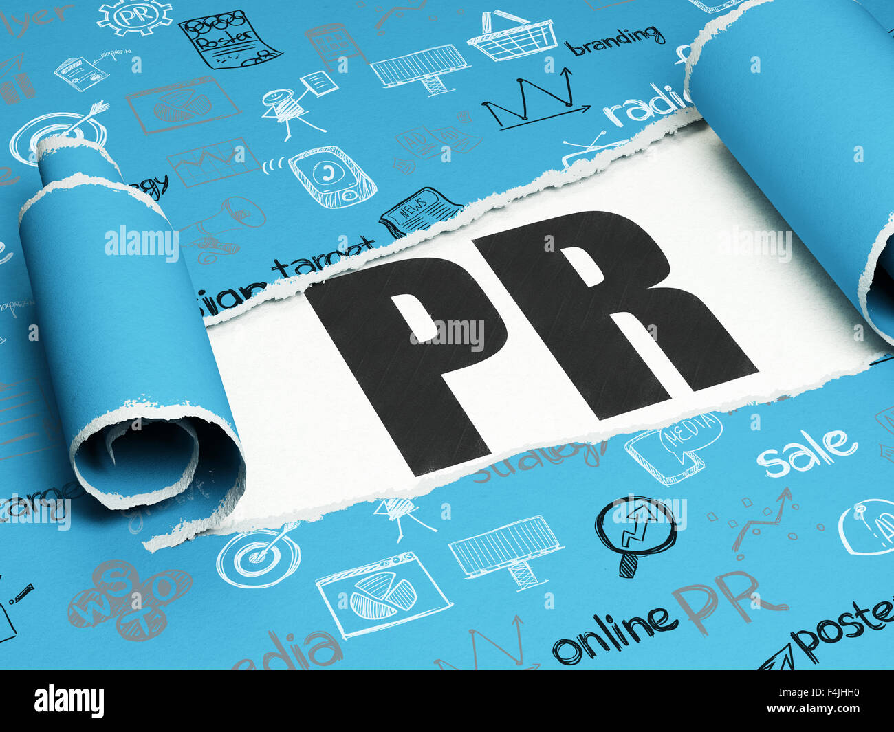 Advertising concept: black text PR under the piece of torn paper Stock ...