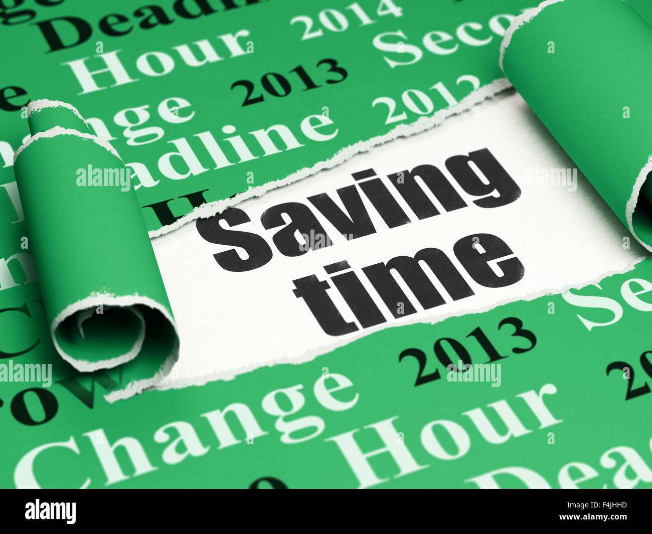 Time concept: black text Saving Time under the piece of torn paper ...