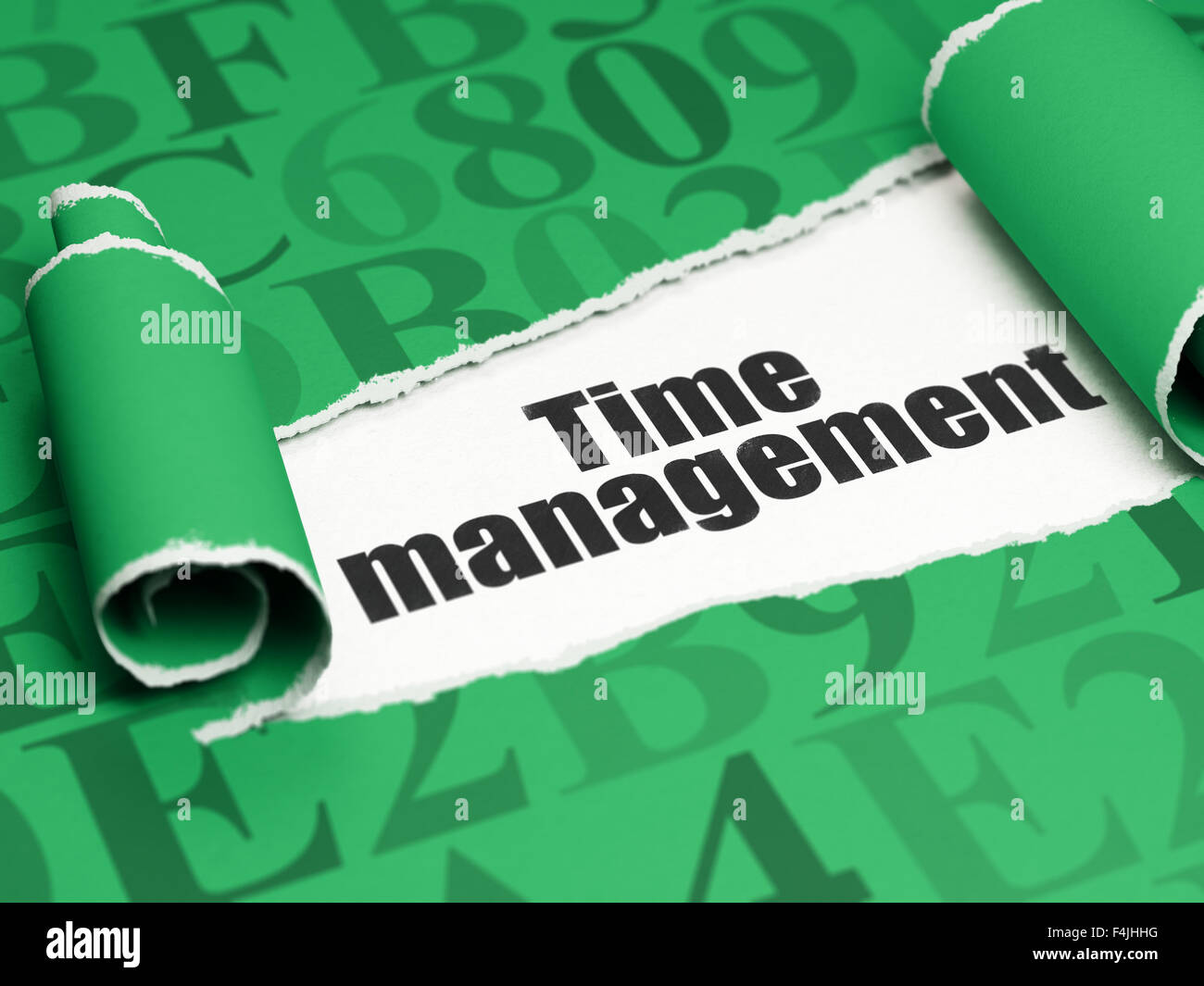 Timeline concept: black text Time Management under the piece of torn ...