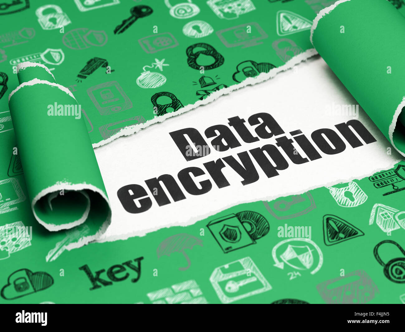 Safety concept: black text Data Encryption under the piece of torn ...