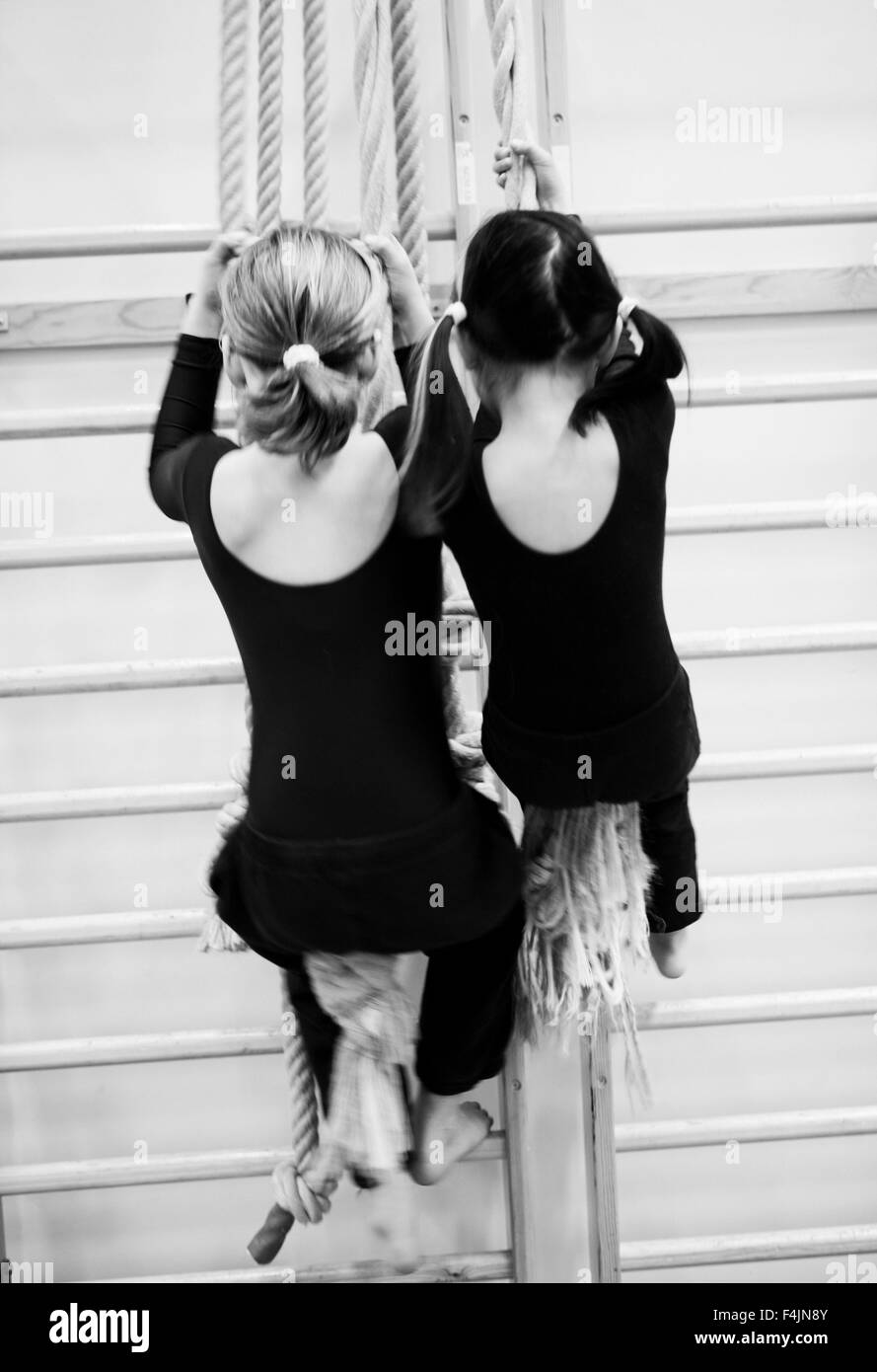 Sweden, Stockholm, girls (6-7) climbing on ropes in gymnasium Stock ...