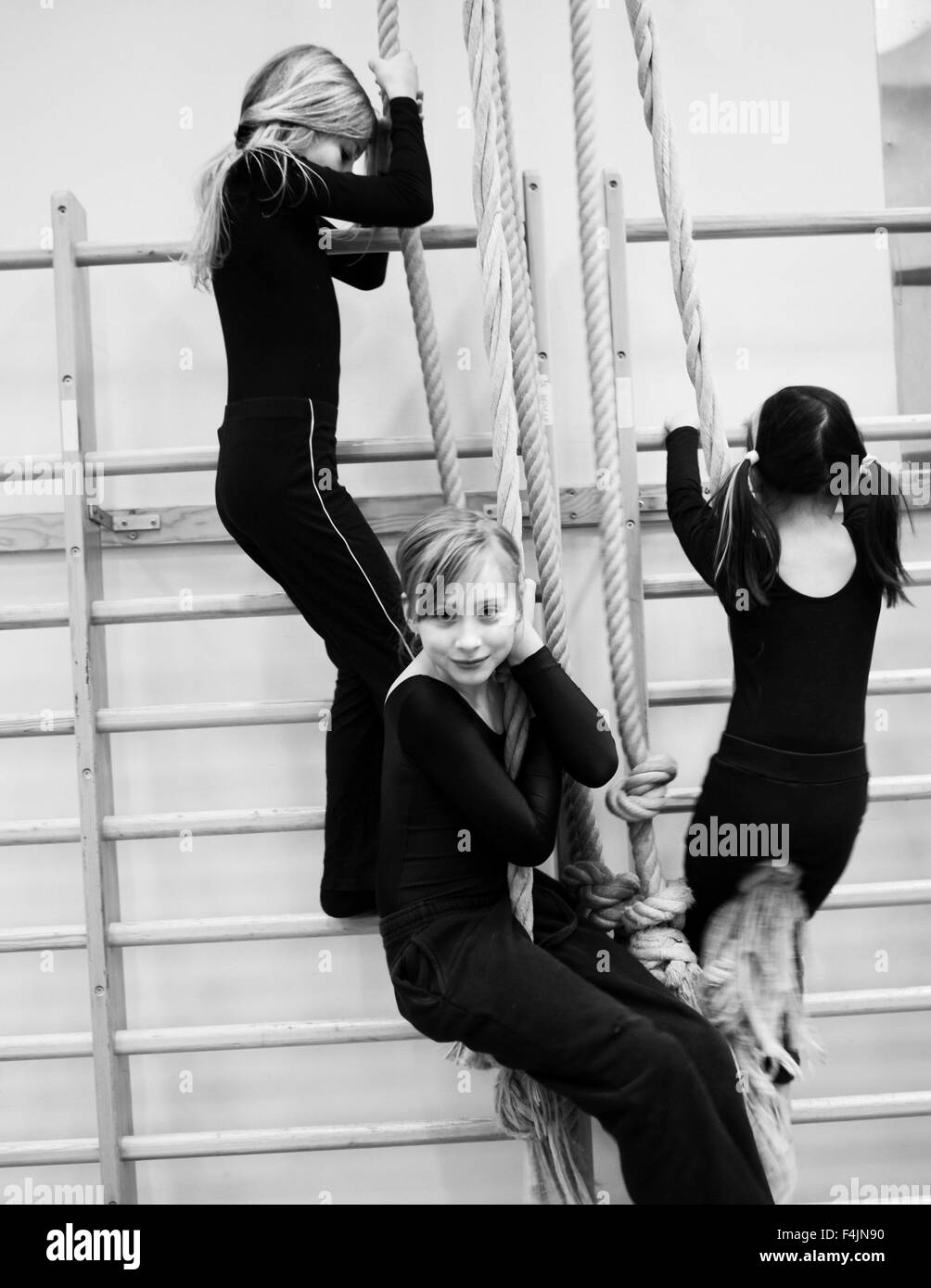 Sweden, Stockholm, girls (6-7) climbing on ropes in gymnasium Stock ...