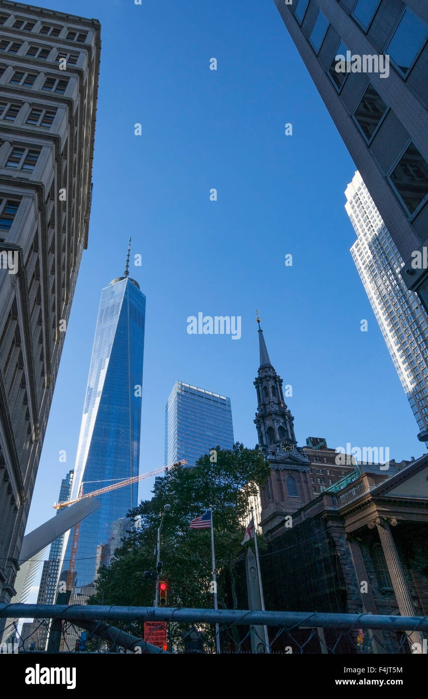 Wide view of World Trade Center from Wall Street in Lower Manhattan ...
