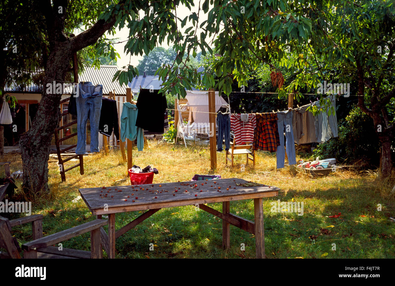 Washing lines with clothes in garden Stock Photo - Alamy