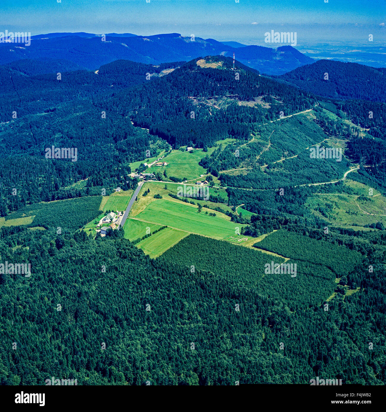 Aerial view of Mount Donon's pass,forest glade, Vosges mountains, Bas ...