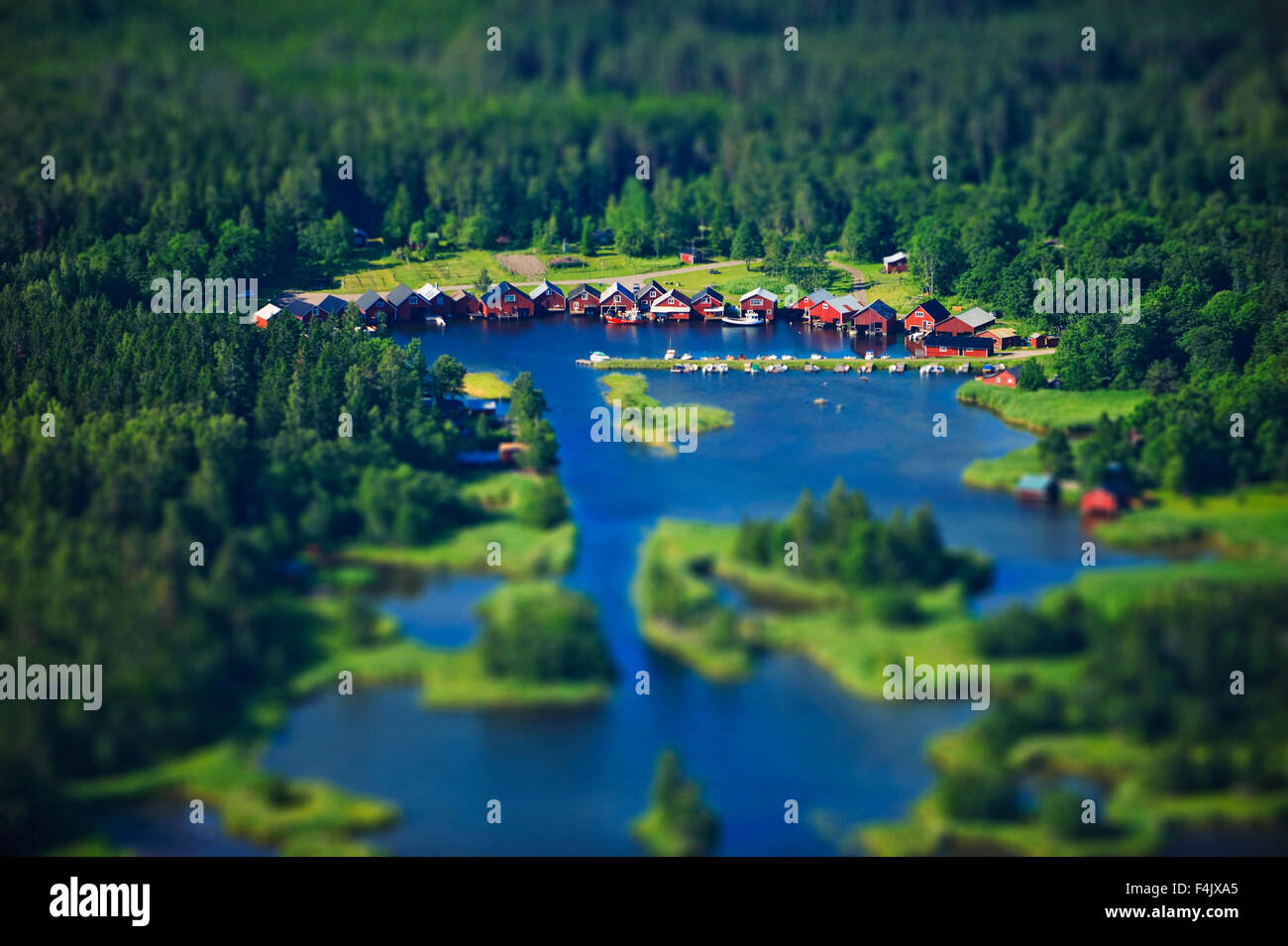 View of village by swamp with forest Stock Photo - Alamy