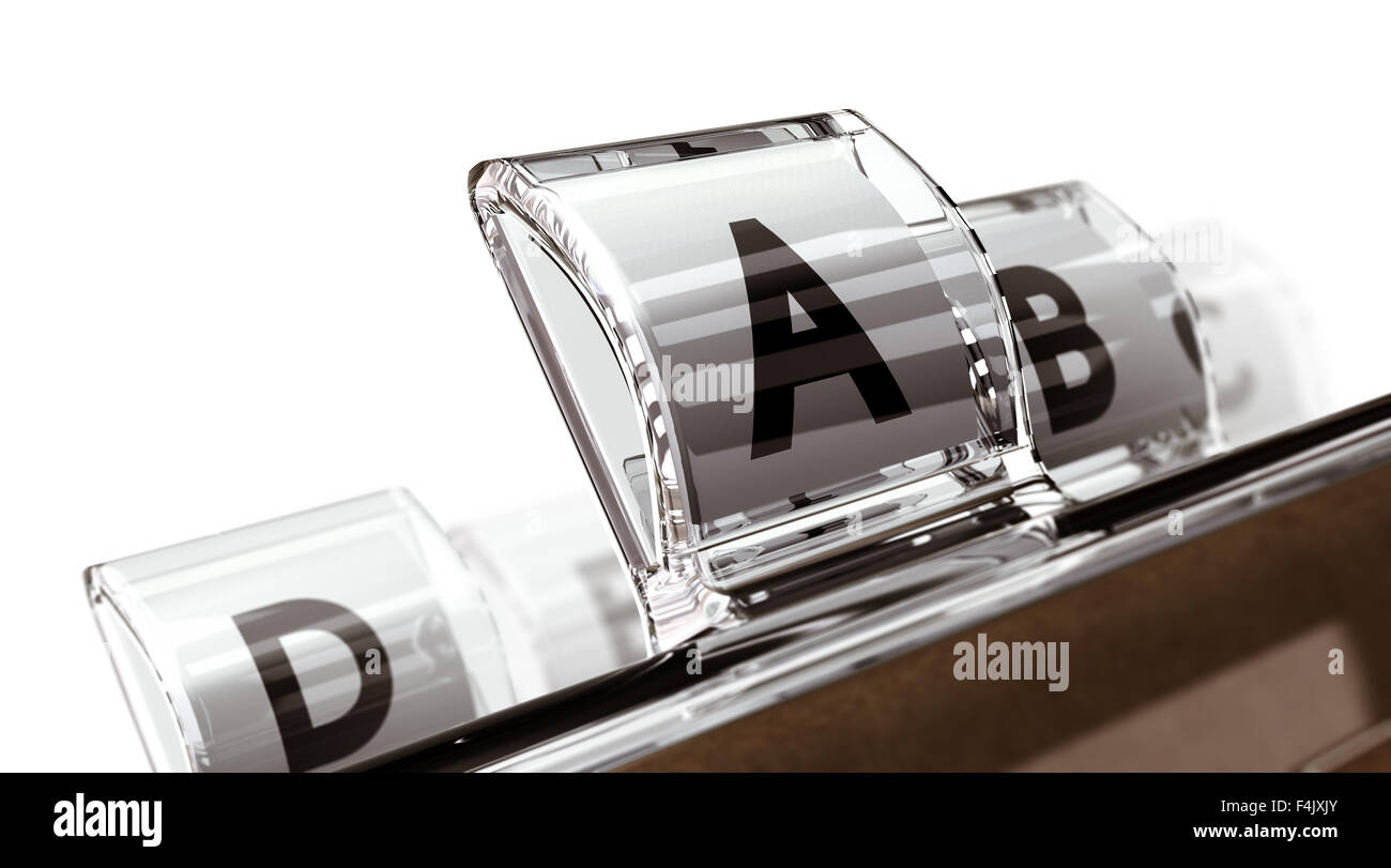 Close up on a file tabs with the letter A, focus on the main tab and ...