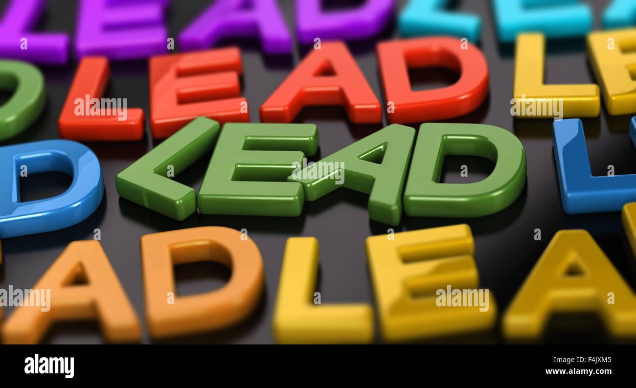 Focus on the word lead with many words around over black background. 3D ...
