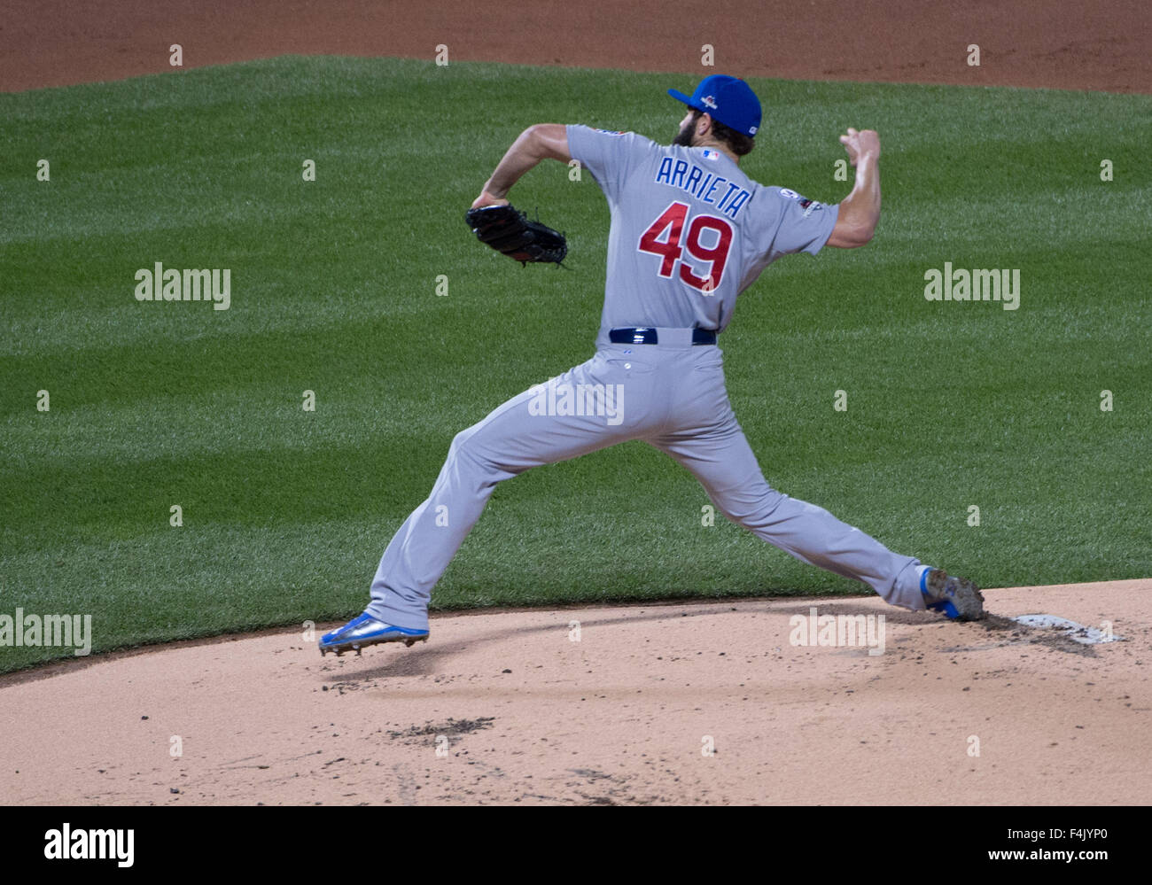 New York, NY, USA. 18th Oct, 2015. Chicago Cubs starting pitcher JAKE ...