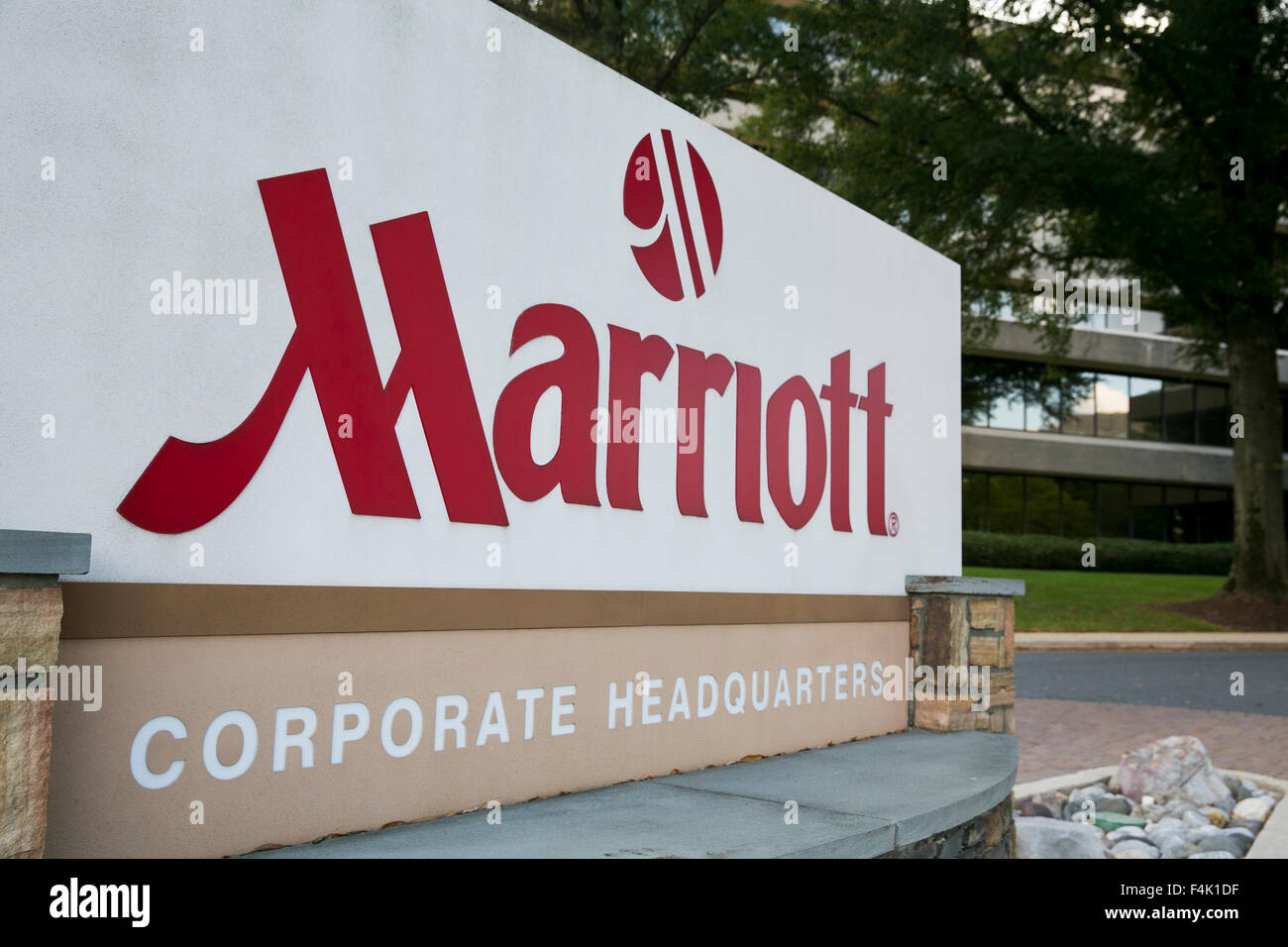 A logo sign outside of the headquarters of Marriott International, Inc ...