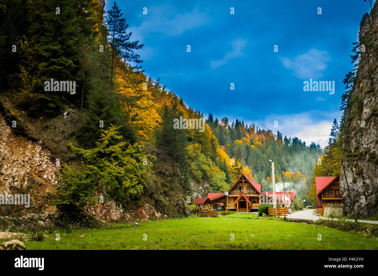 Fall colors around a cottage house. Autumn landscape in mountains with ...