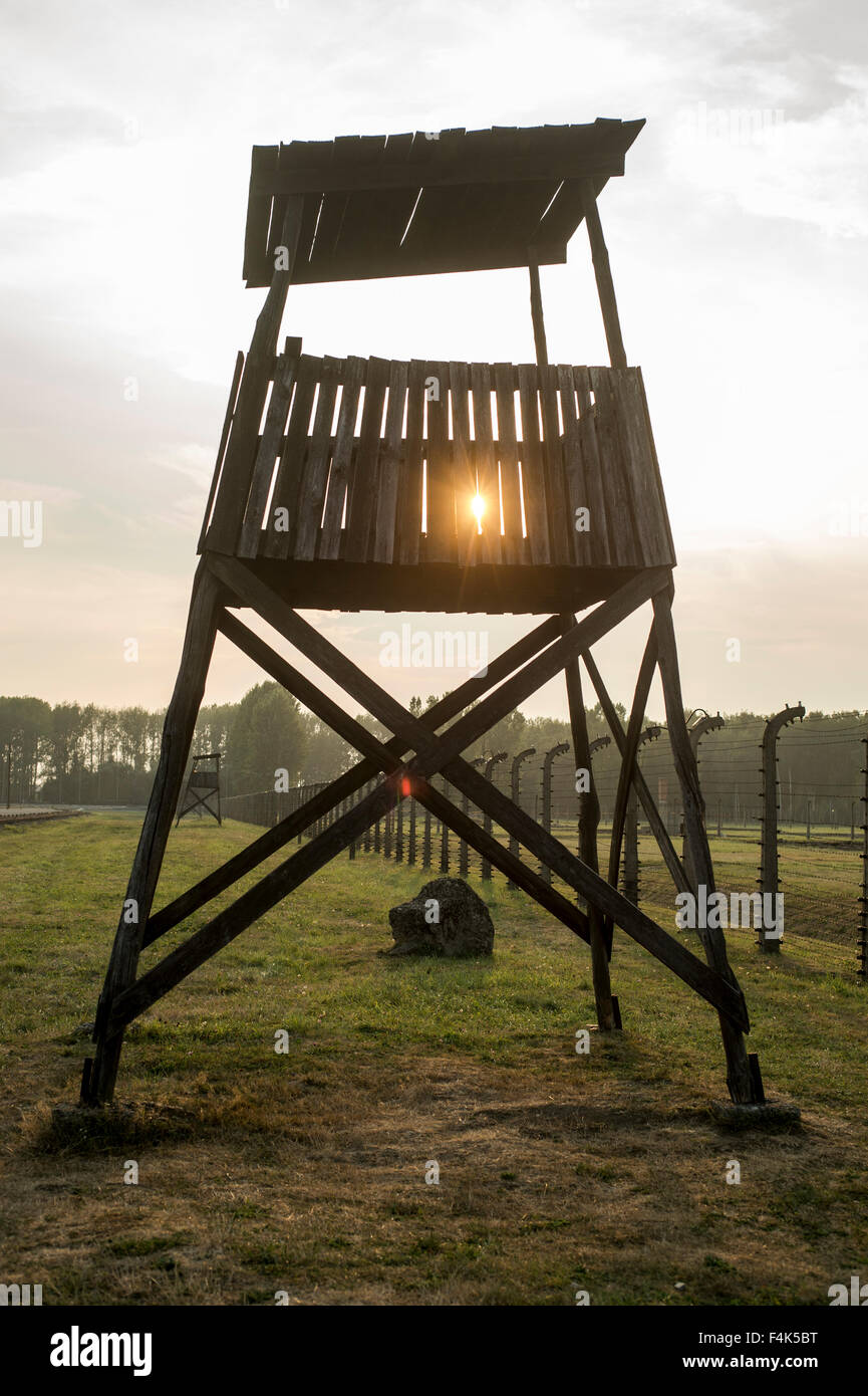 A guard tower overlooking the concentration camp Auschwitz II-Birkenau ...