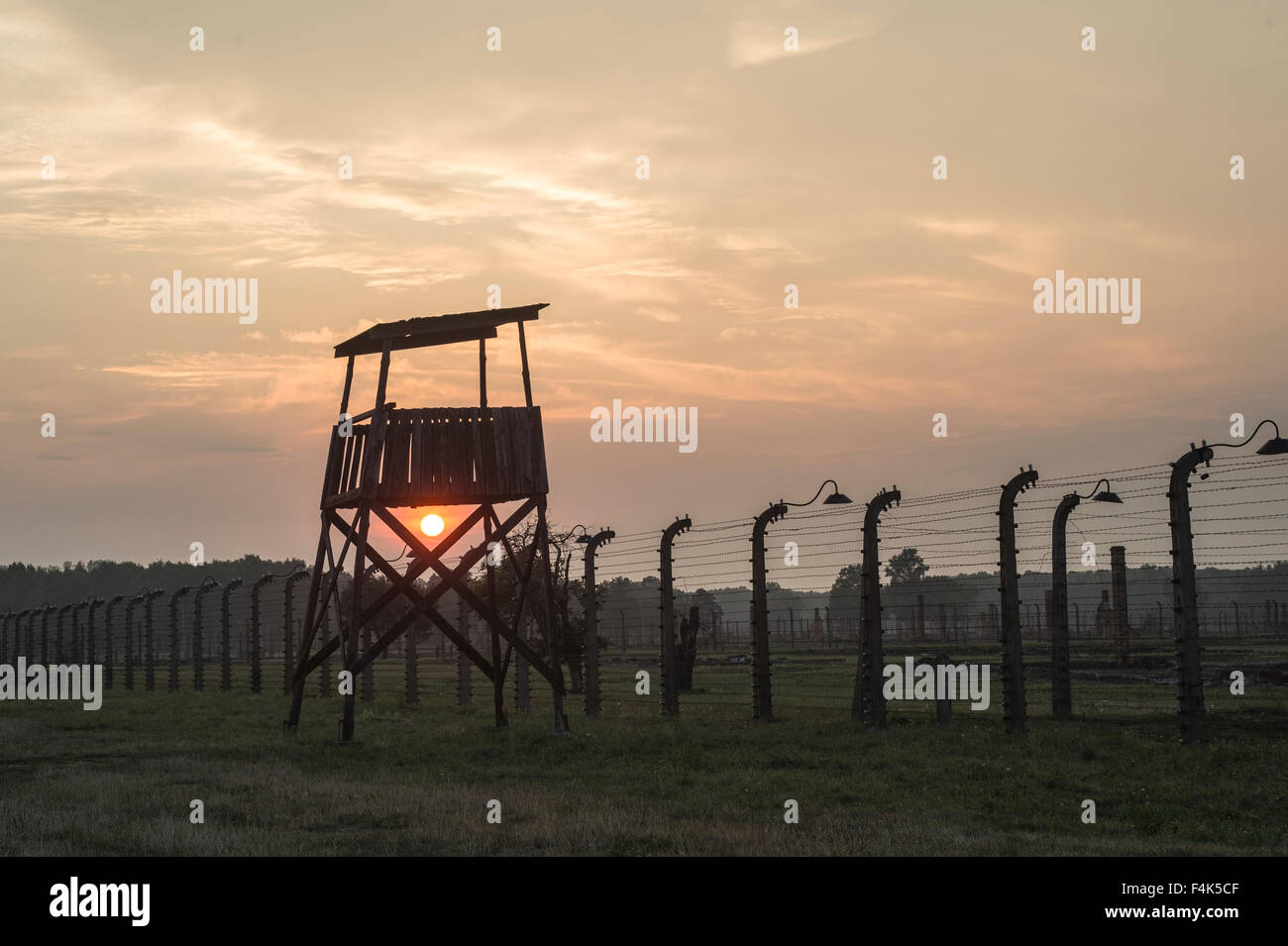 A guard tower overlooking the concentration camp Auschwitz II-Birkenau ...