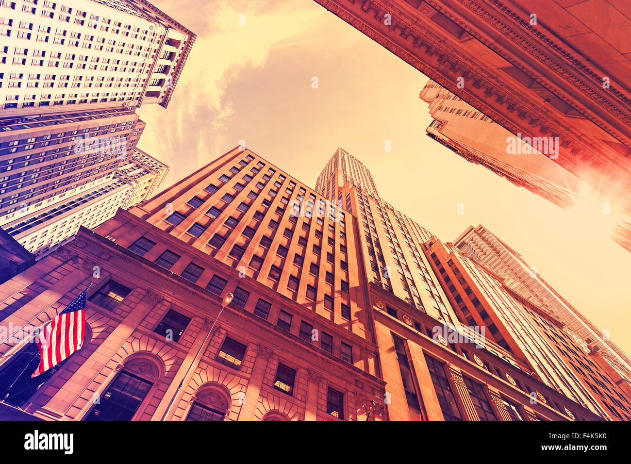 Vintage style skyscrapers in Manhattan at sunset, NYC, USA Stock Photo ...