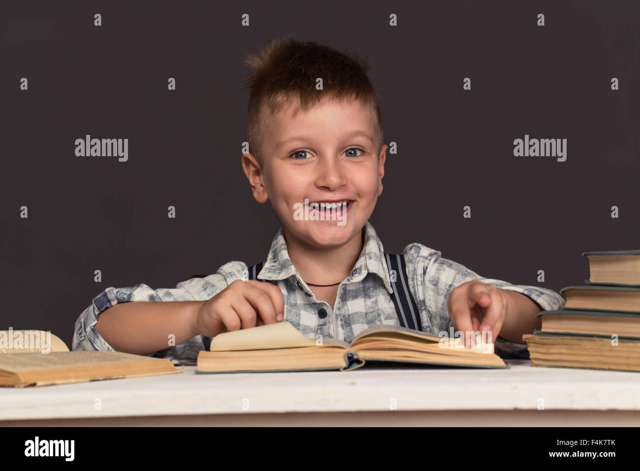 Boy Child Read Book, Children Education, Well Dressed Schoolboy on Gray ...