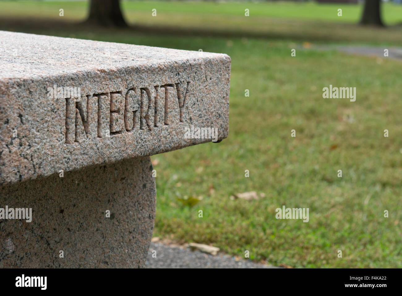 New York, West Point, Trophy Point. Carved word "integrity"on stone ...
