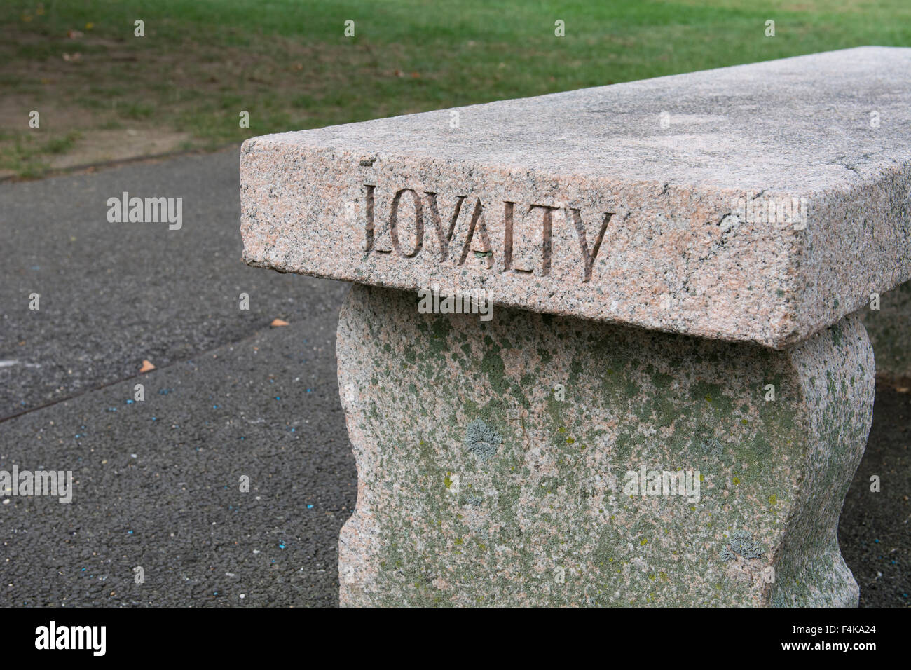 New York, West Point, Trophy Point. Carved "loyalty " on stone bench ...