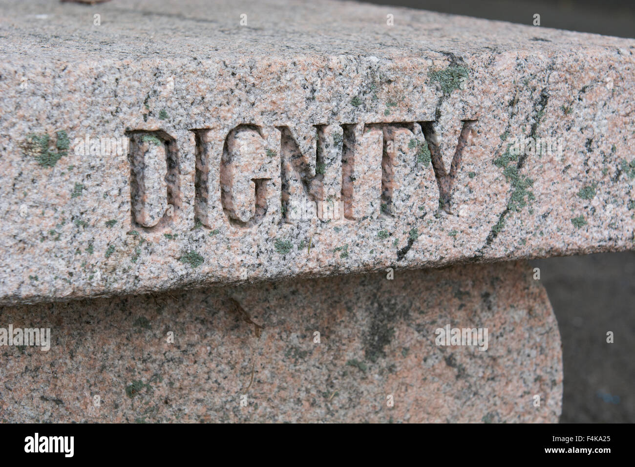 New York, West Point, Trophy Point. Carved "dignity " on stone bench ...